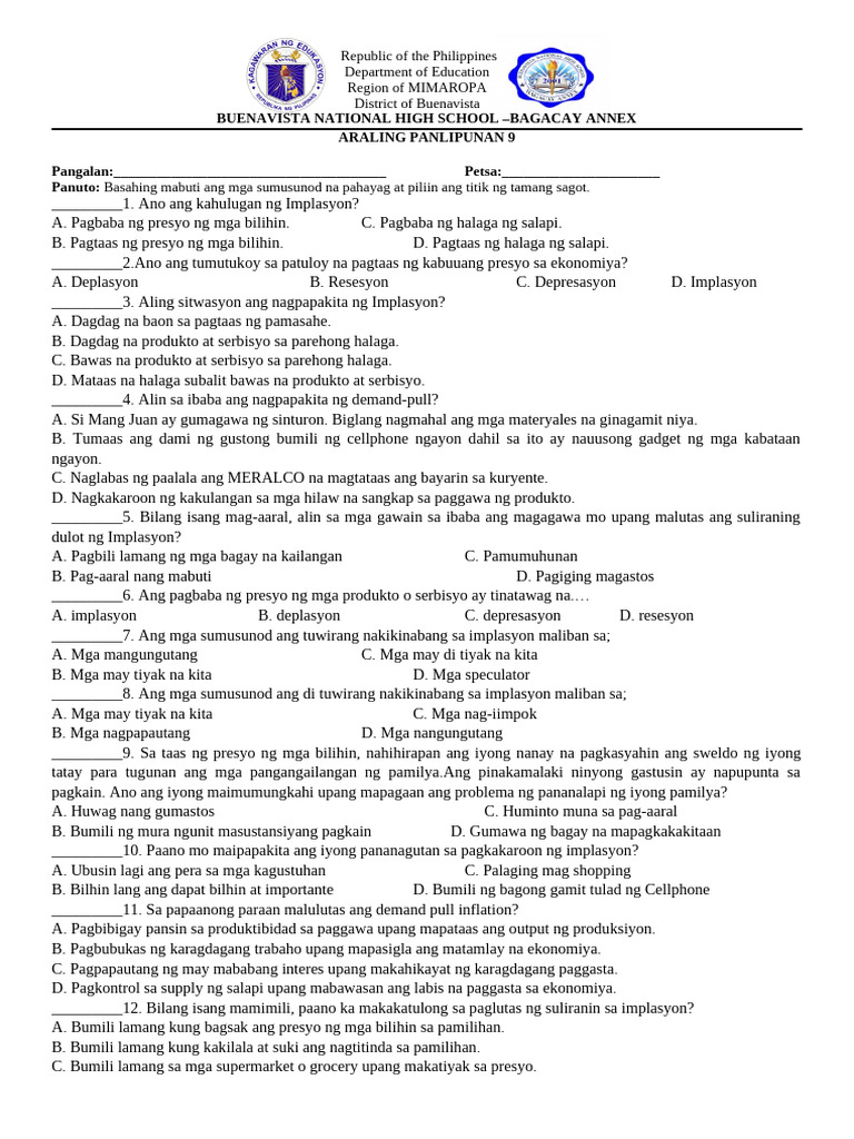 Quizz in AP 9-3rd Q Implasyon | PDF