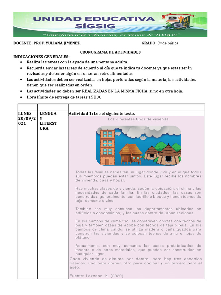 Actividades Lengua y Literatura. Lunes 20 de Septiembre | PDF