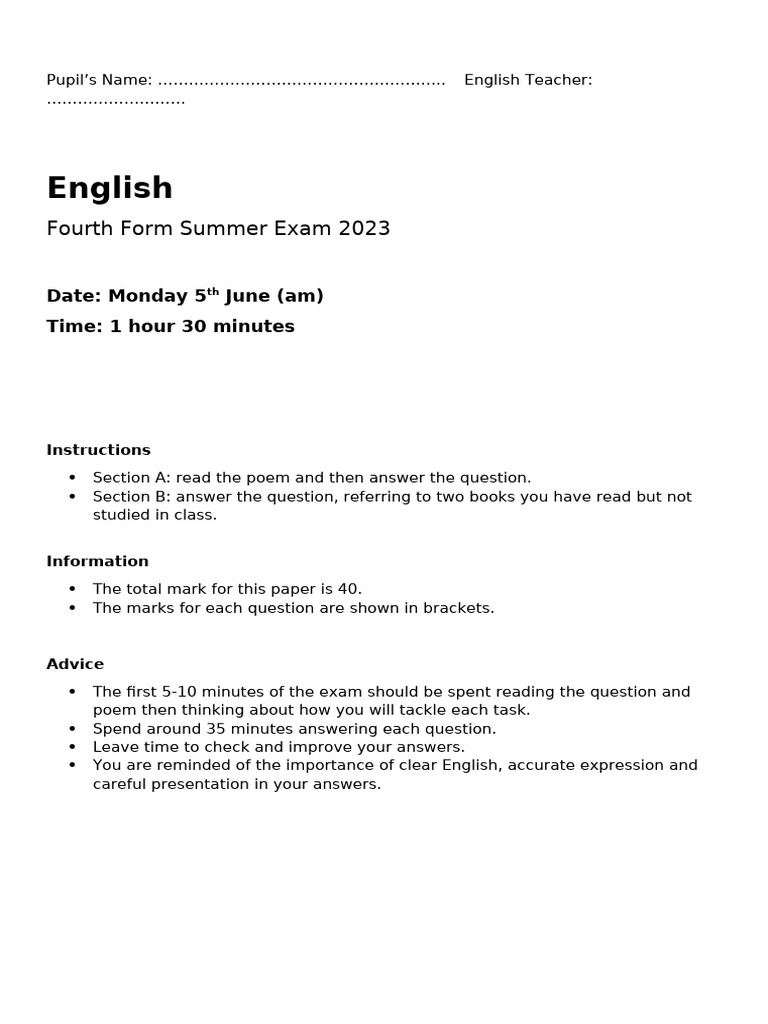 F4 English Paper Summer 2023 | PDF