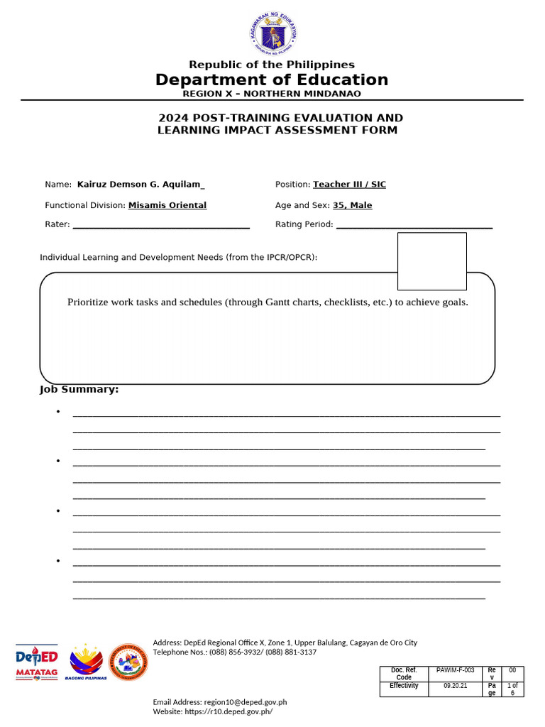 2024 Post Training Evaluation and Learning Impact Assessment Form | PDF
