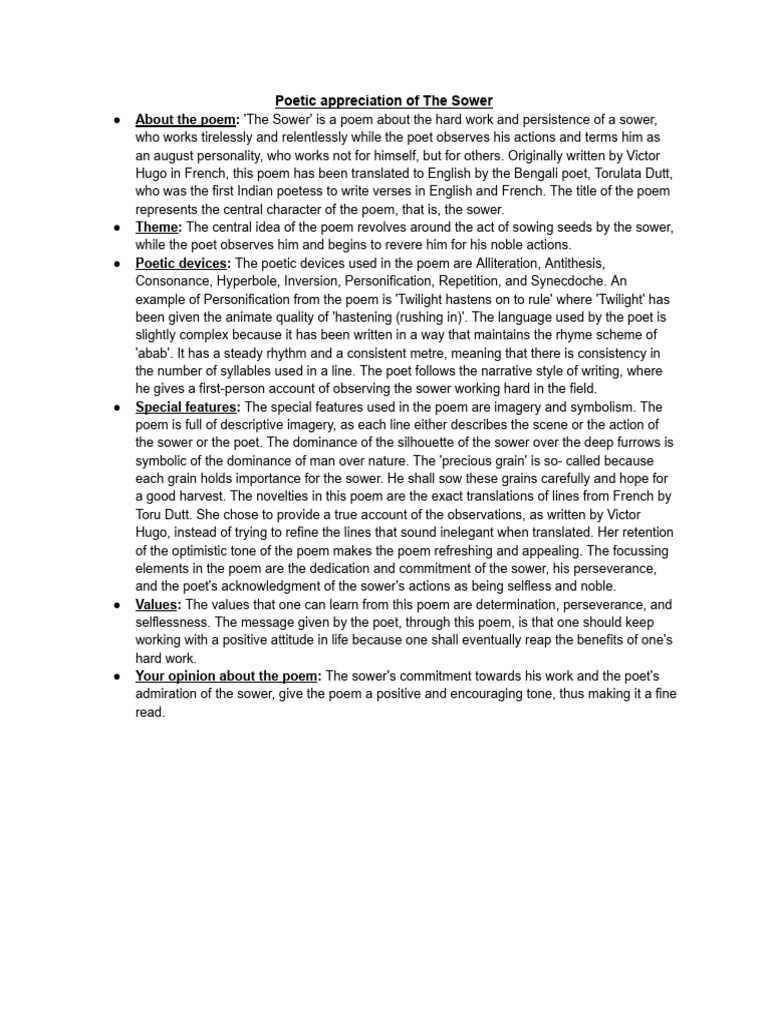 The Sower Poetic Appreciation | PDF