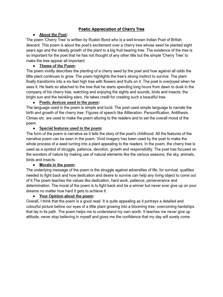 Cherry Tree Poetic Appreciation | PDF