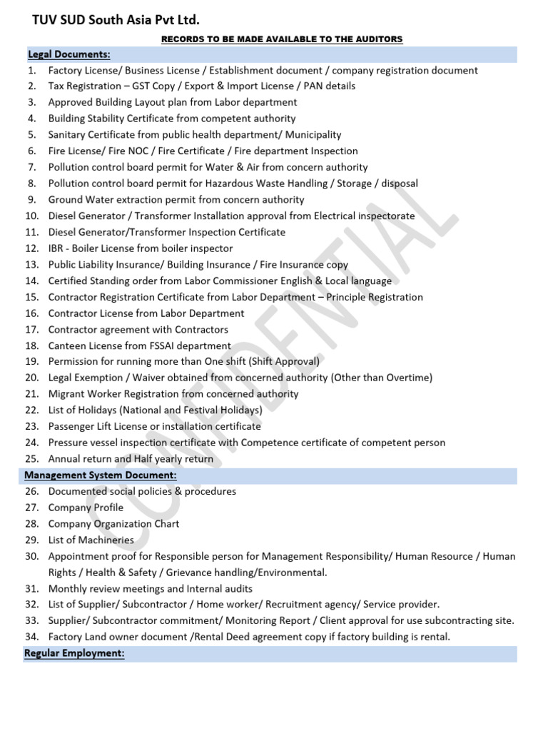 TUV SUD Documents Checklist | PDF