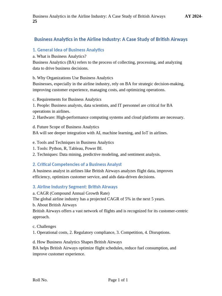 Business Analytics British Airways Assignment | PDF