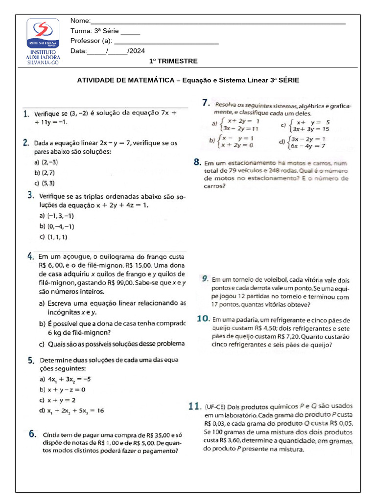 Lista 01 Sistema Linear 2x2 | PDF