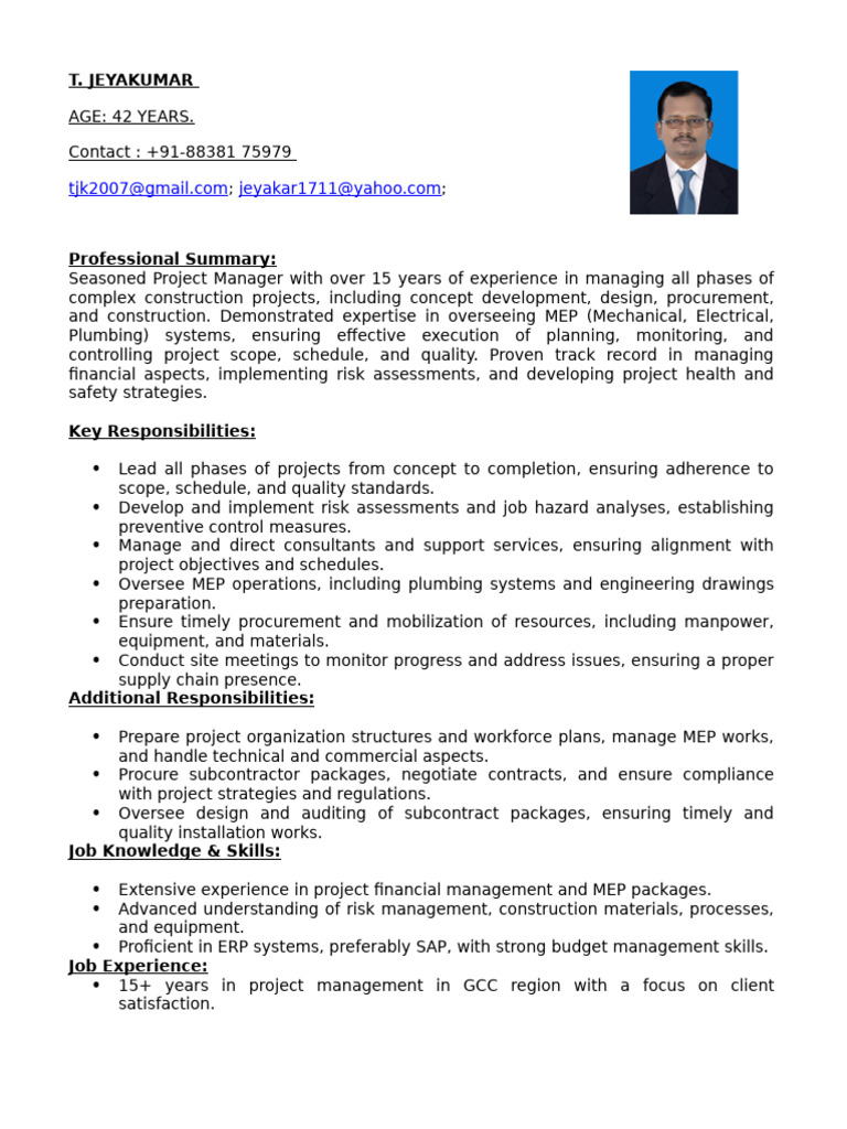 JEYAKUMAR RESUME 2024-MEP PROJECT DIRECTOR - Elegancia | PDF