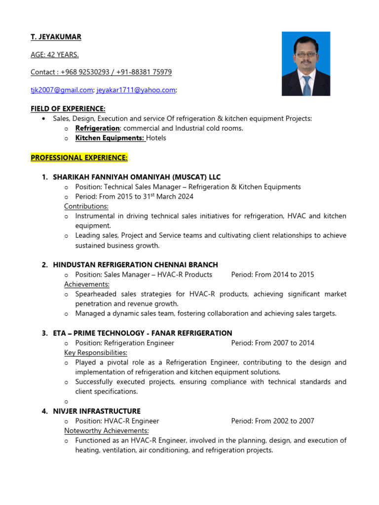 Jeyakumar Resume - Regional Manager - Commercial Kitchen Equipments - Sales & After Sales | PDF