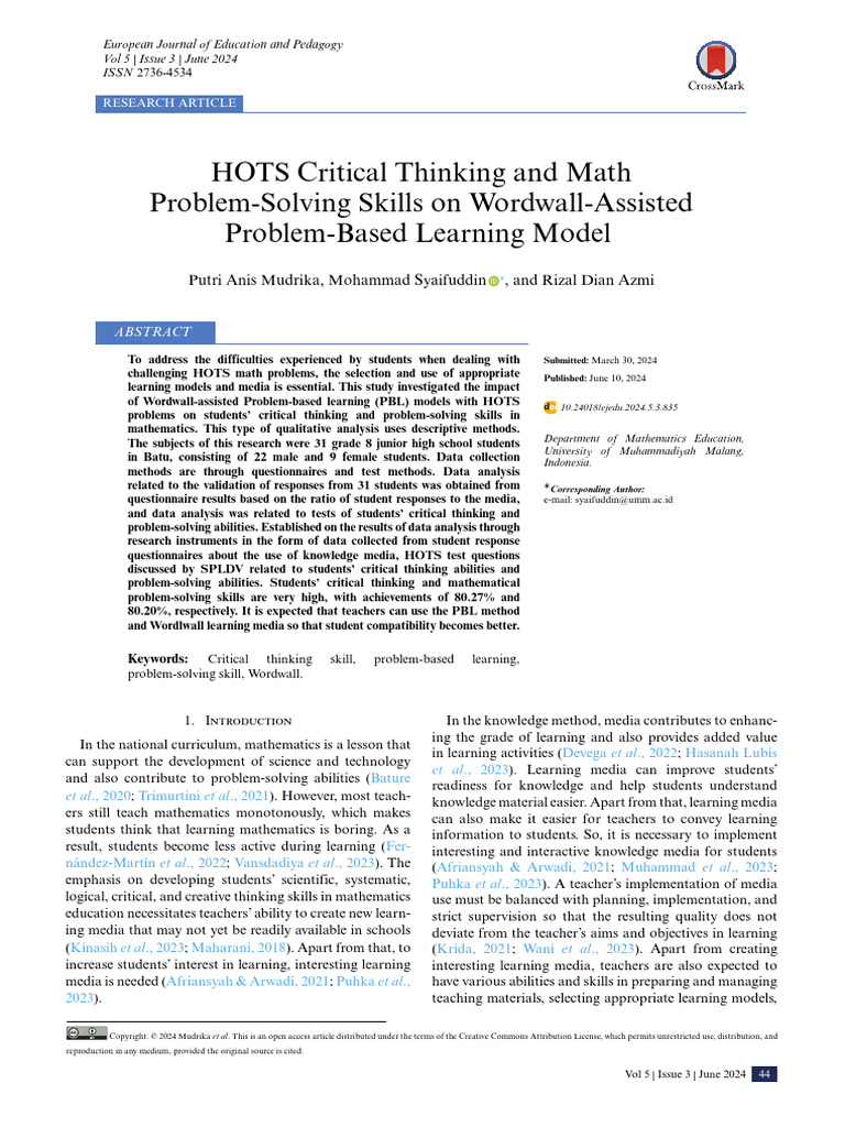 HOTS Critical Thinking and Math Problem-Solving SK | PDF
