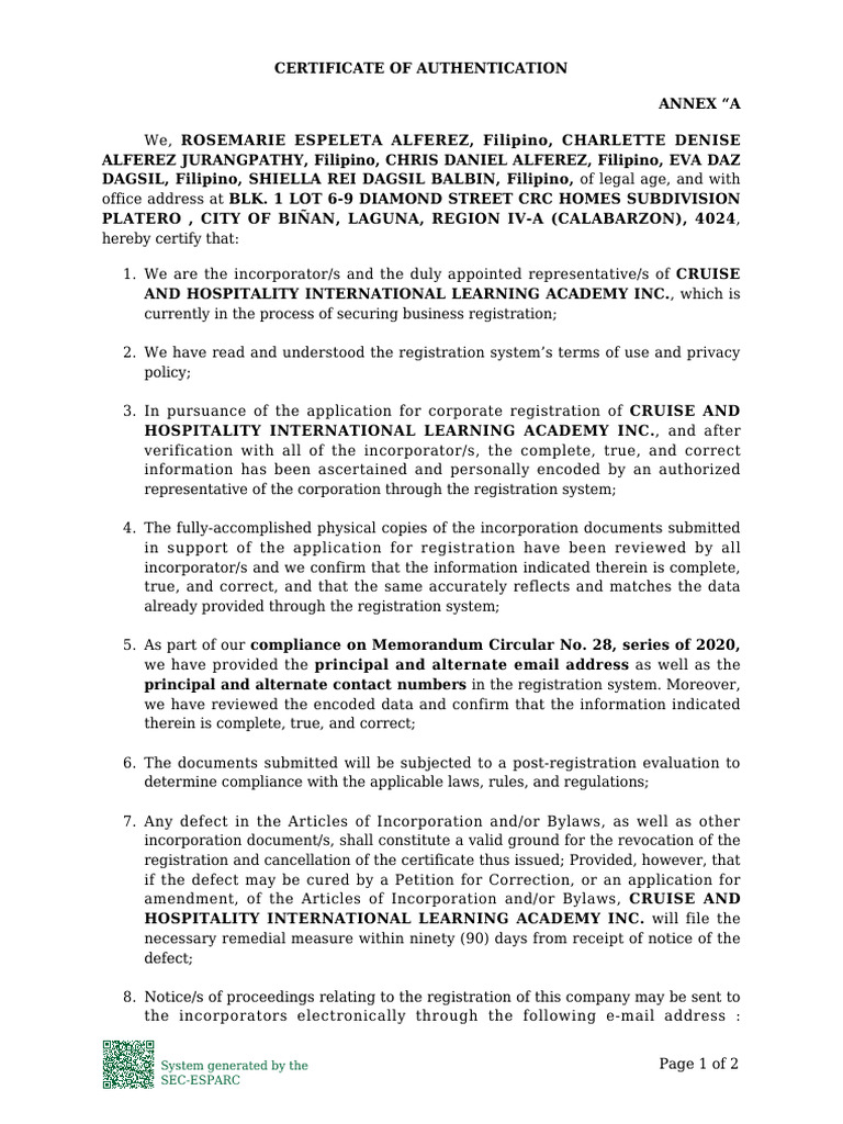 Certificate of Authentication | PDF