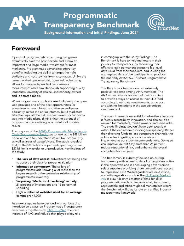 ANA and Tag TrustNet - Programmatic Transparency Benchmark - 202406 | PDF