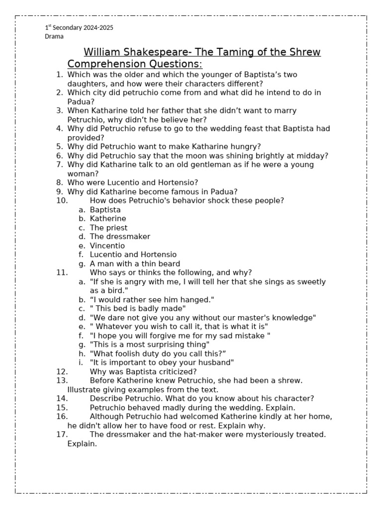The Taming of the Shrew Comprehension questions | PDF