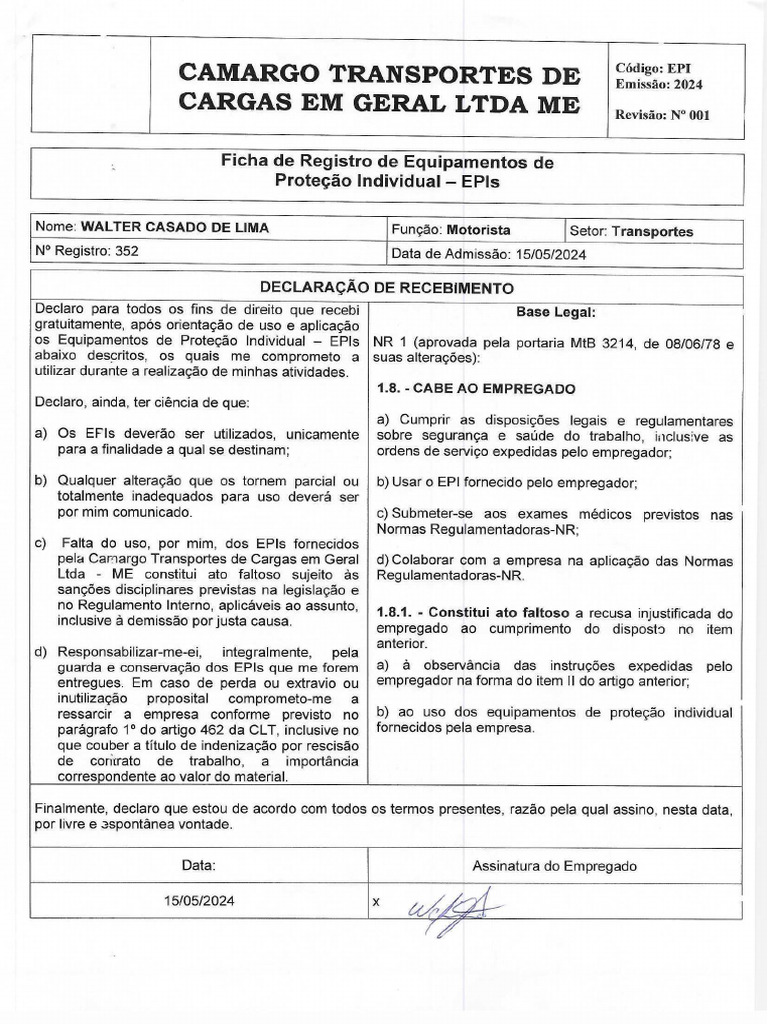 Ficha de Epis Walter Casado de Lima | PDF