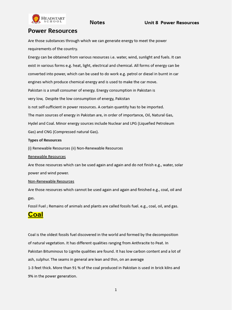 Notes Unit 8 - Power Resources | PDF