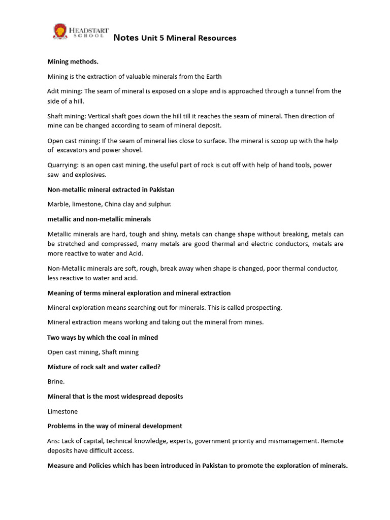 Notes-RV - Unit 5 - Mineral Resources | PDF