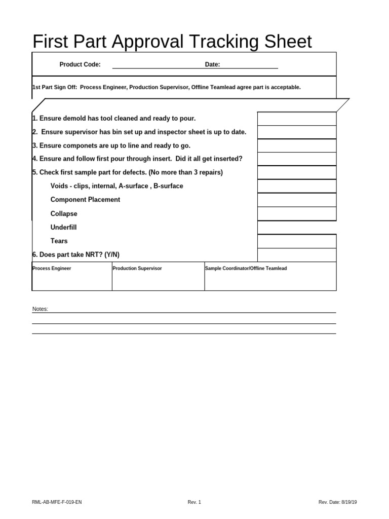 RML AB MFE F 019 en First Part Approval Tracking Sheet | PDF