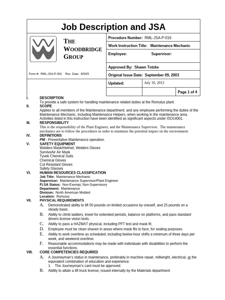 Maintenance Mechanic Job Description and JSA | PDF