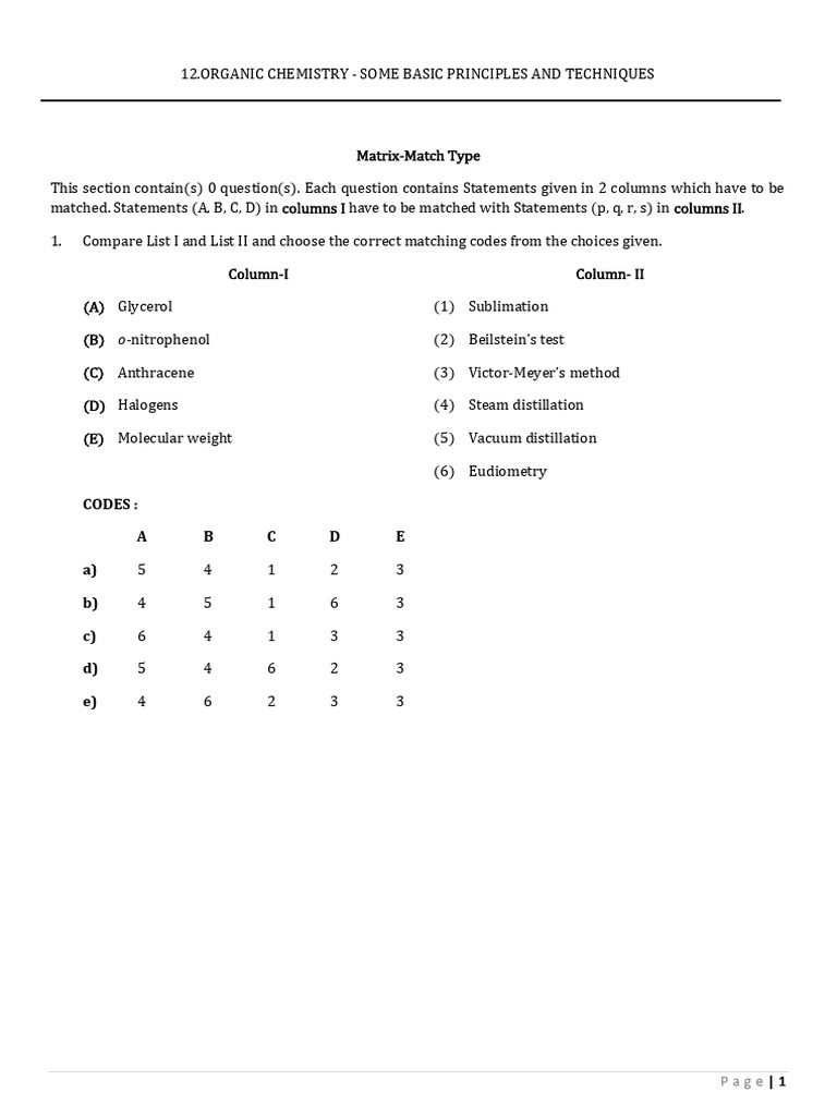 Organic Chemistry - Some Basic Principles and Techniques Matrix Match | PDF