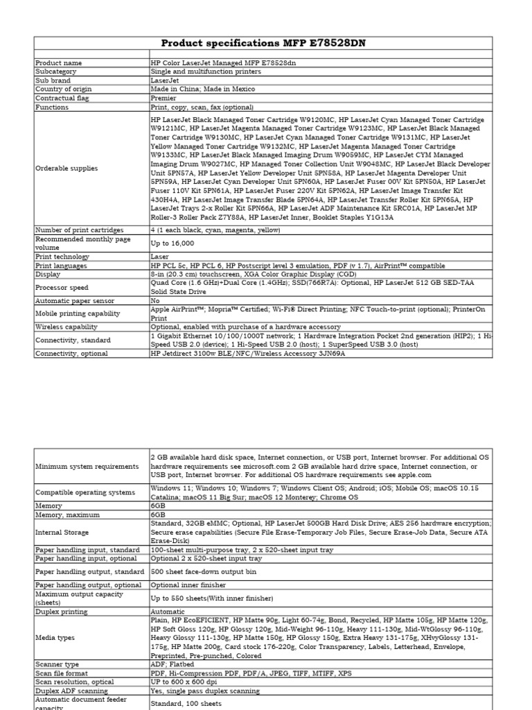 Product Specifications MFP E78528DN | PDF