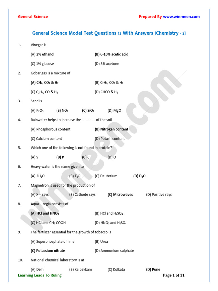 General Science Model Test Questions 13 in English With Answer | PDF