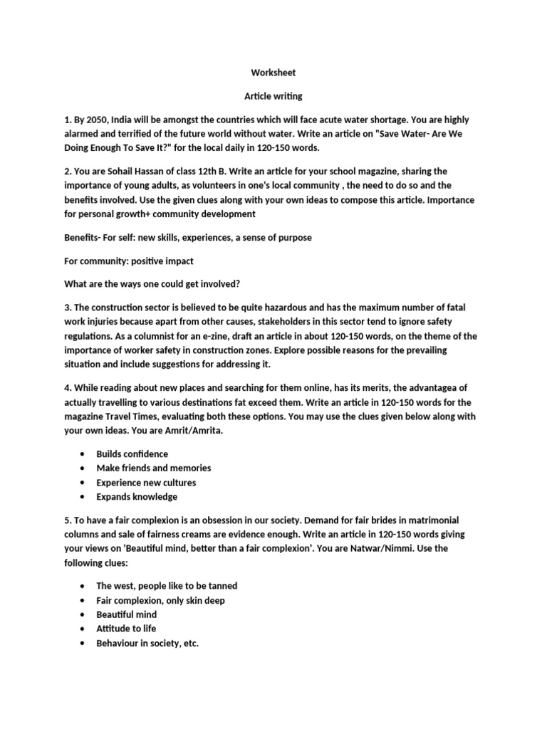 Worksheet - Article Writing Class 12th | PDF | Psychology | Social Science