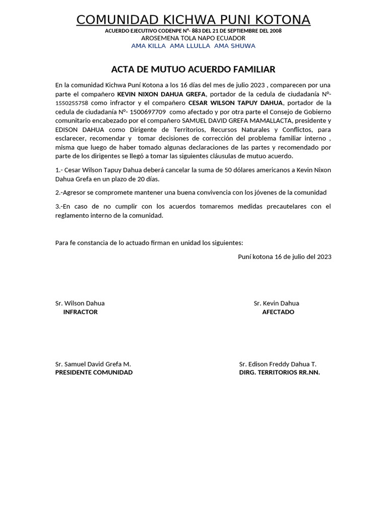 Acta de Mutuo Acuerdo Familiar | PDF