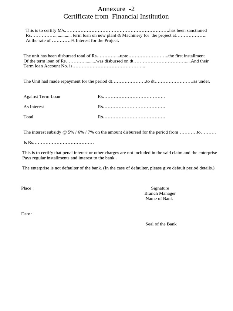 Certificate From Fin Inst - Annexure 2 | PDF