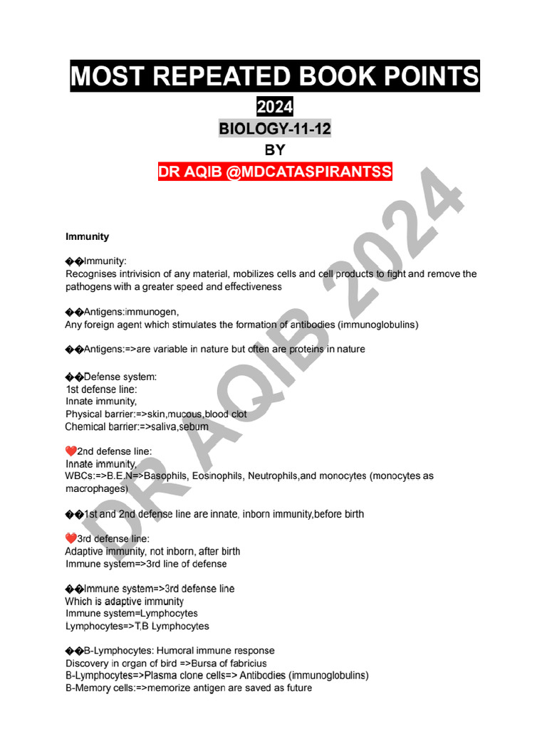 Biology-11-12-Most Repeated Book Points-2024 | PDF