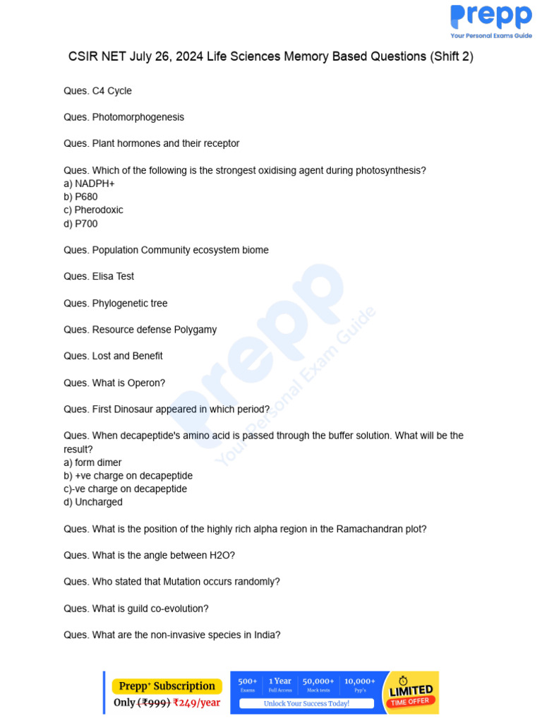 CSIR NET July 26 2024 Life Sciences Memory Based Questions Shift 2 | PDF