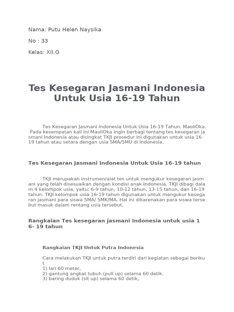 Tes Kesegaran Jasmani Indonesia Untuk Usia 16 | PDF