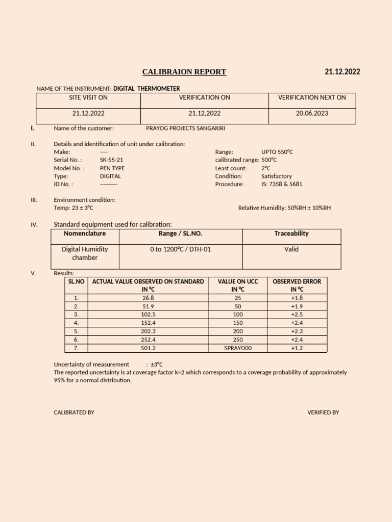 Calibration Report For Digital Thermometer-Prayog-2 | PDF