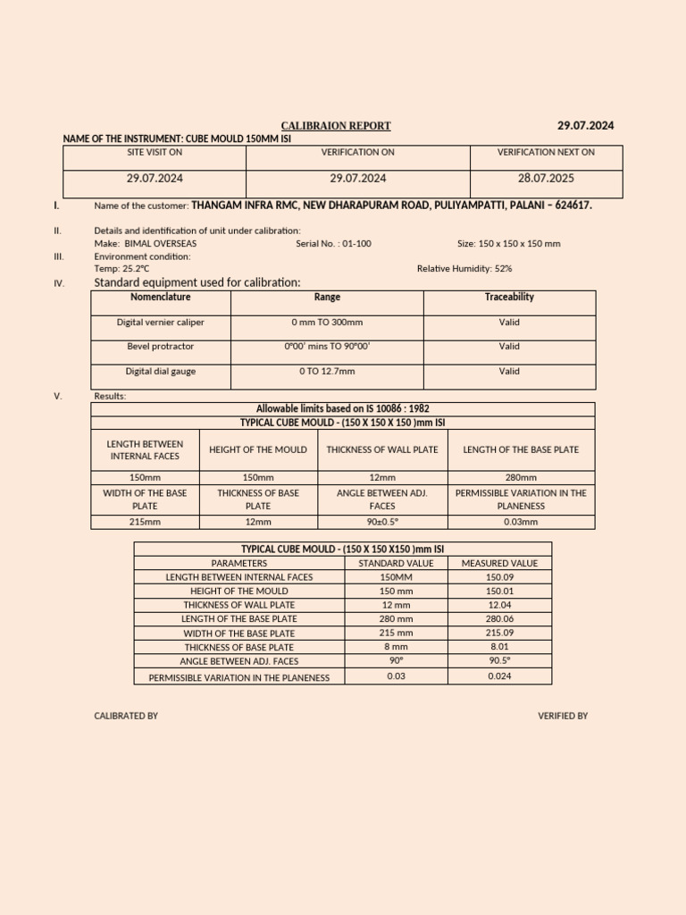 CALIBRATION REPORT FOR CUBE MOULD 150MM-ISI THANGAM | PDF