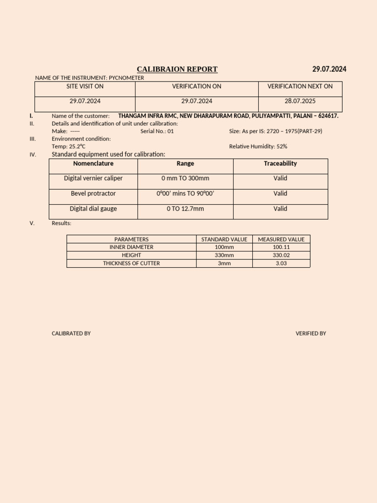 Calibration Report for Pycnometer - 01 | PDF