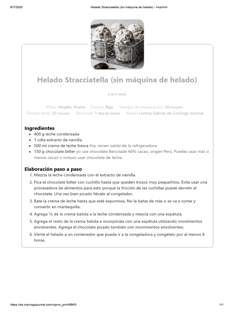 Helado Stracciatella (Sin Máquina de Helado) - Imprimir | PDF