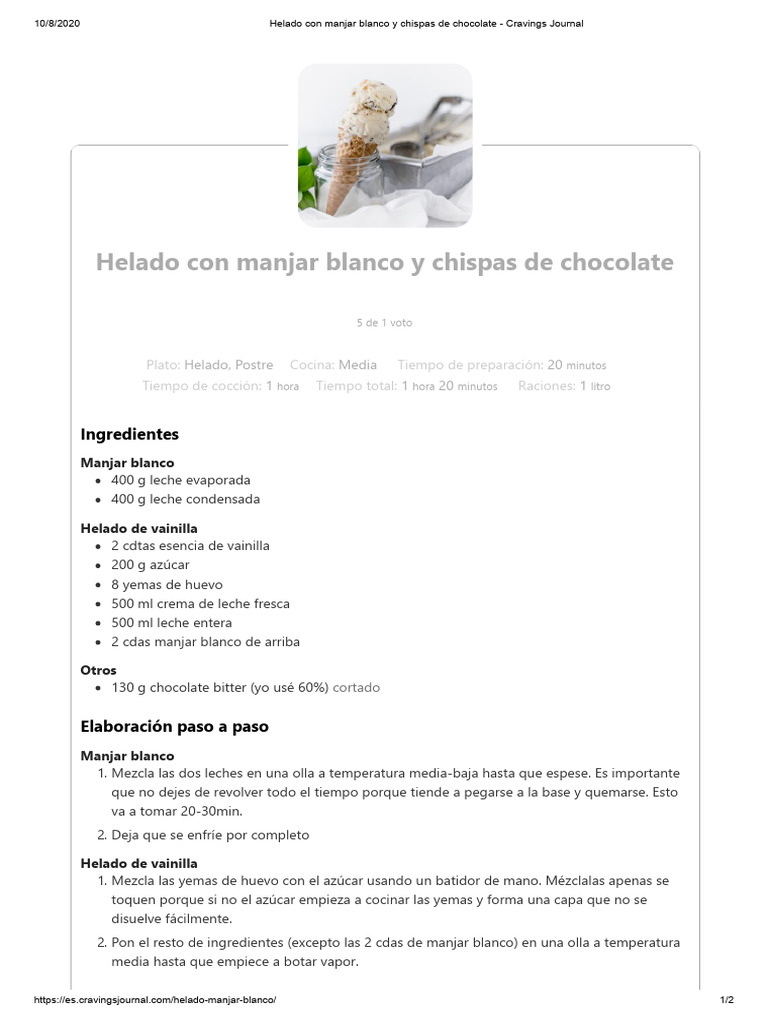 Helado con manjar blanco y chispas de chocolate - Cravings Journal | PDF