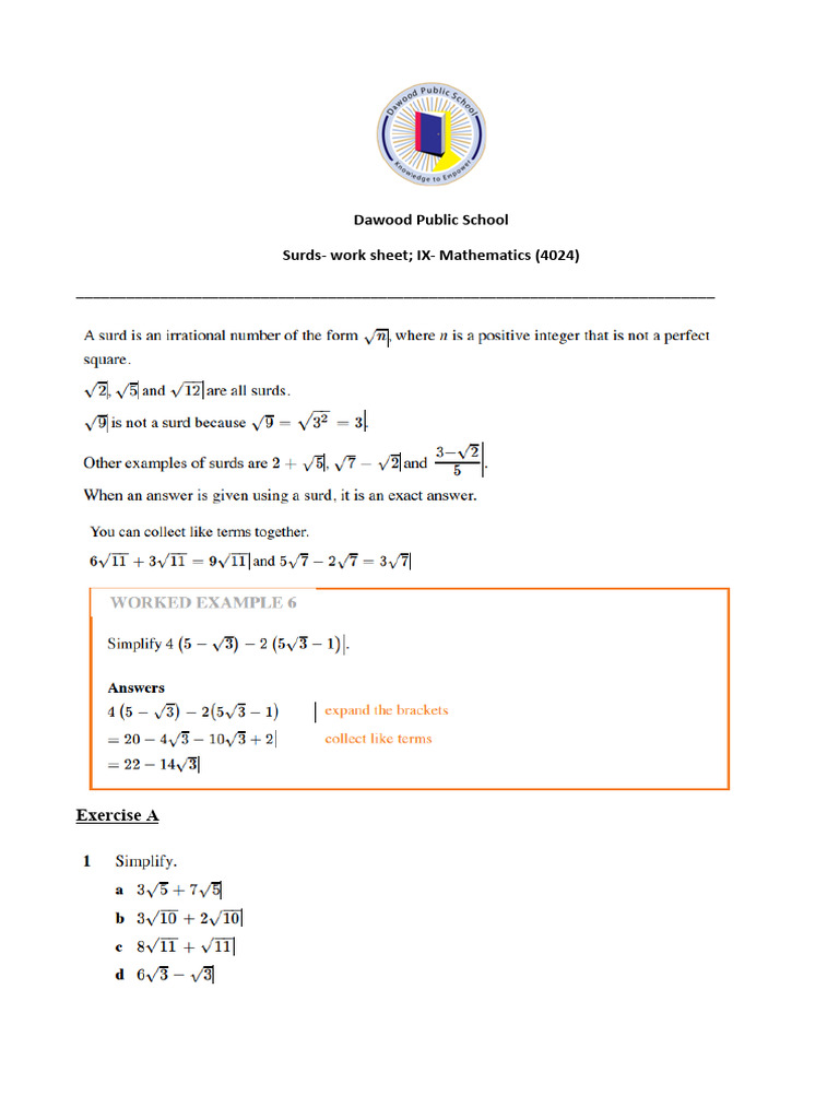 Surds Worksheet for Class 9 | PDF