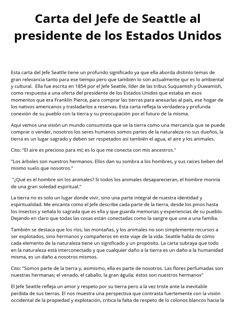 Carta Del Jefe Seattle Al Presidente de Los Estados Unidos - 20240901 ...