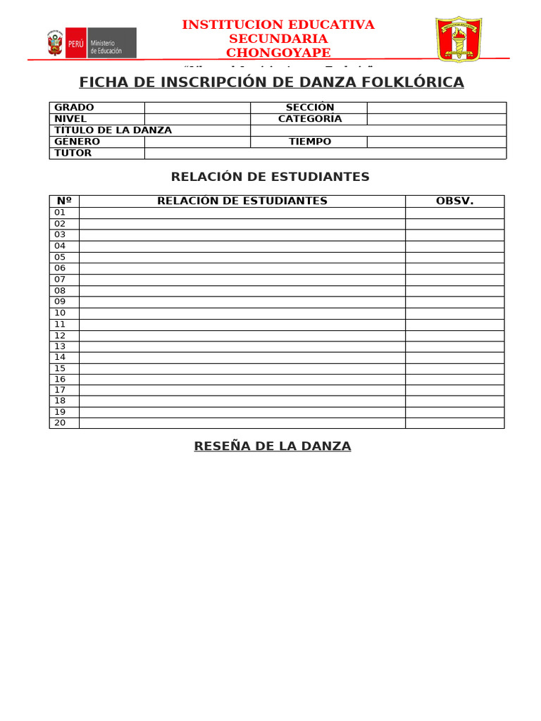 FICHA DE INSCRIPCIÓN DE DANZA FOLKLÓRICA | PDF