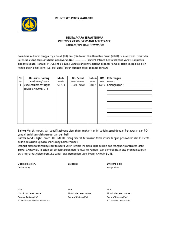 Berita Acara Serah Terima No: 0625/BPP-BAST/IPW/VI/20: Protocol of ...