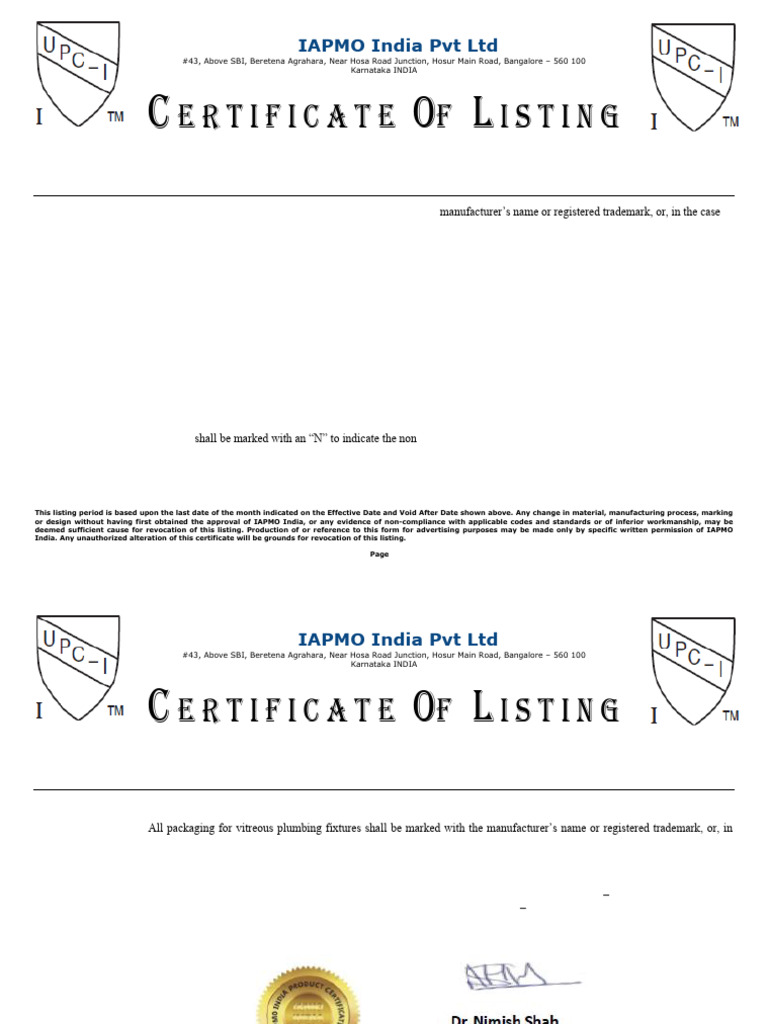 CERA UPC-I Ceramic Listing Certificate '21-'22 | PDF