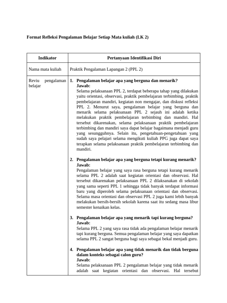 Refleksi Pembelajaran PPL 2 | PDF