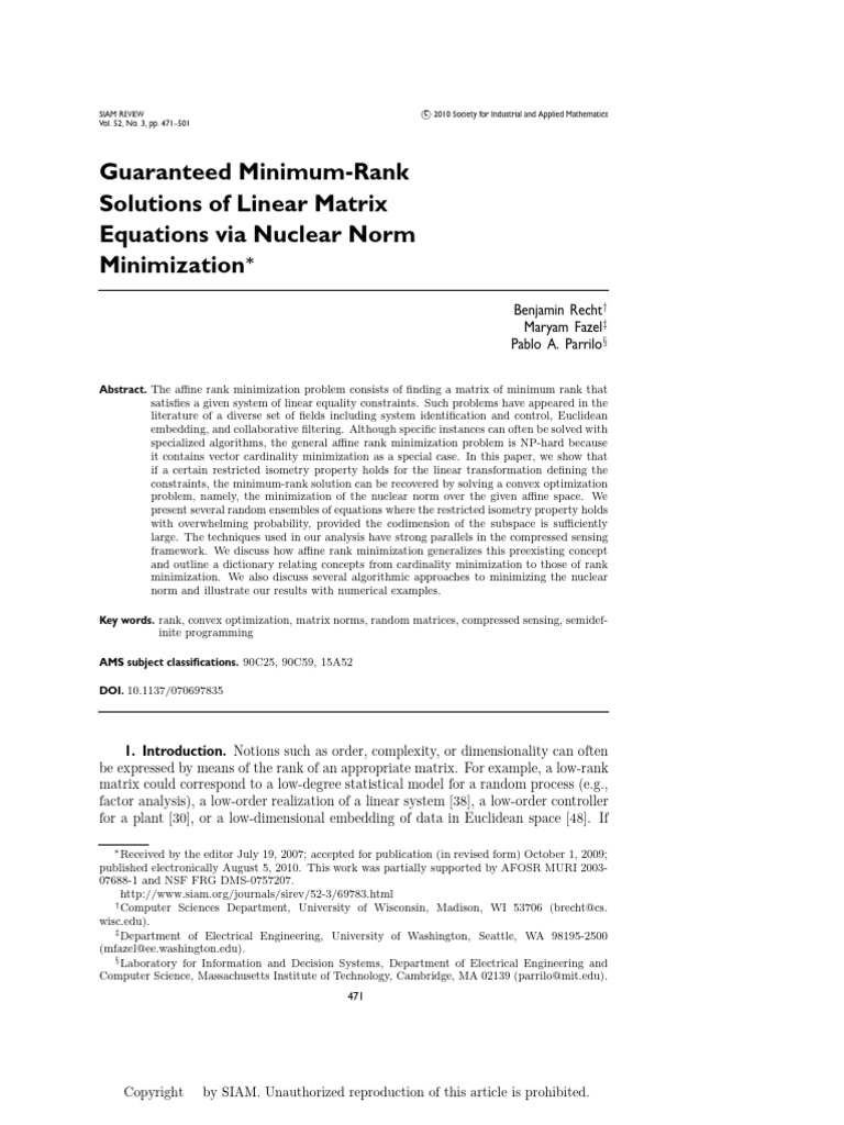 Guaranteed Minimum-Rank Solutions of Linear Matrix Equations Via ... Guaranteed Minimum-Rank Solutions of Linear Matrix Equations Via ...