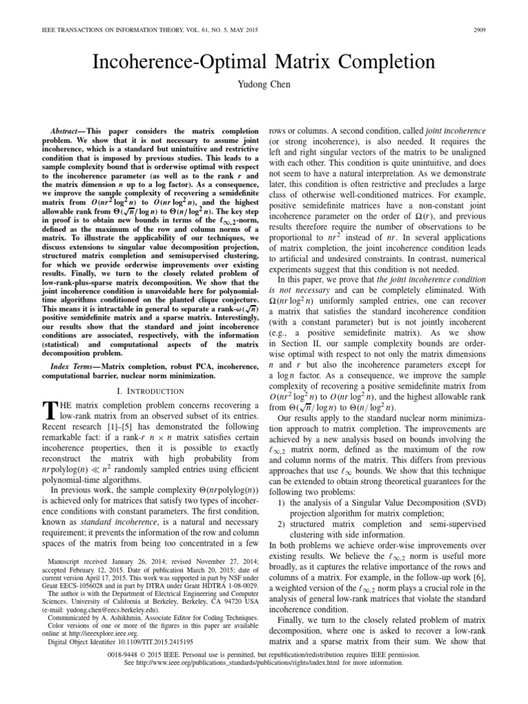 Incoherence-Optimal Matrix Completion | PDF