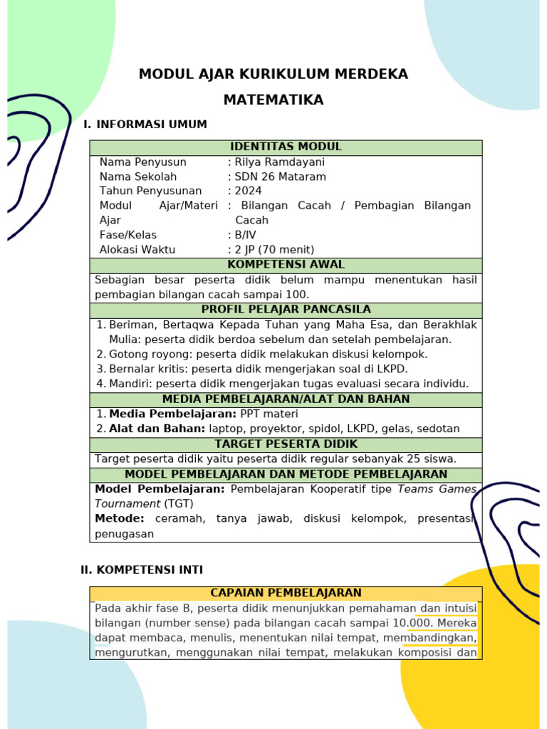 Modul Ajar MTK Pembagian Bil Cacah | PDF