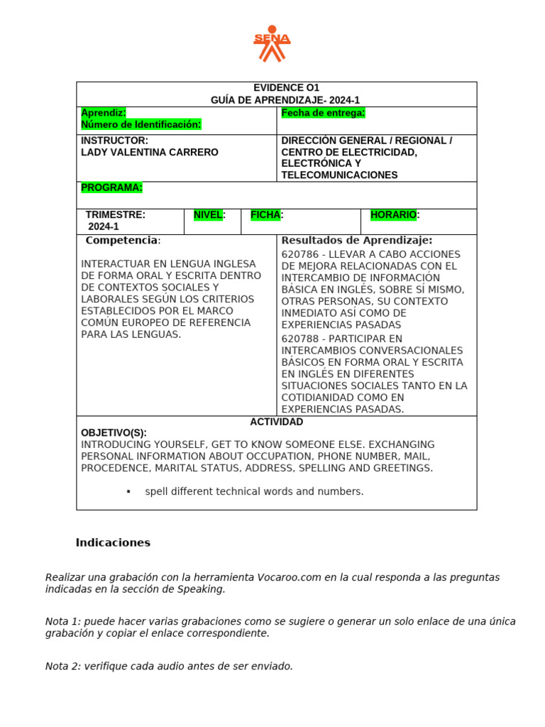 Guía de Aprendizaje - Evidencia 01 (Audios - Numbers) 1 | PDF