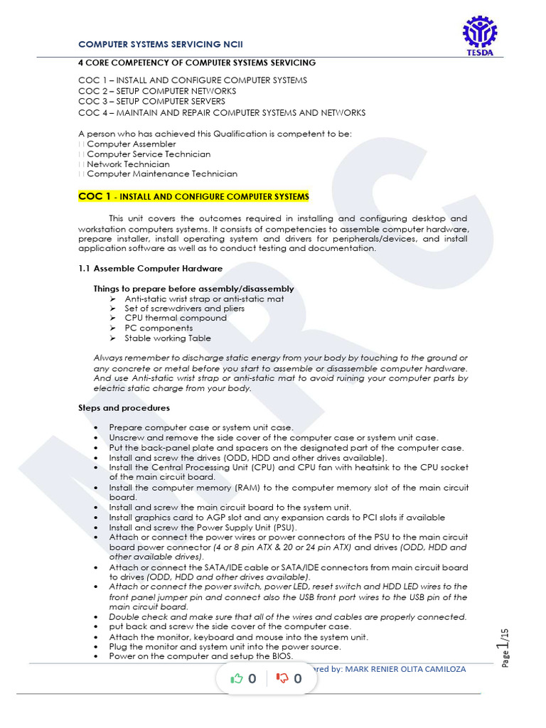 4 Core Competency of Computer Systems Servicing Compress | PDF