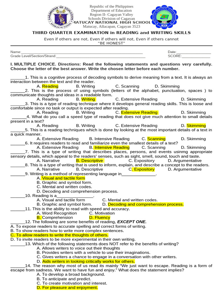 ANSWER KEY 3RD QUARTER EXAMINATION IN READING and WRITING | PDF