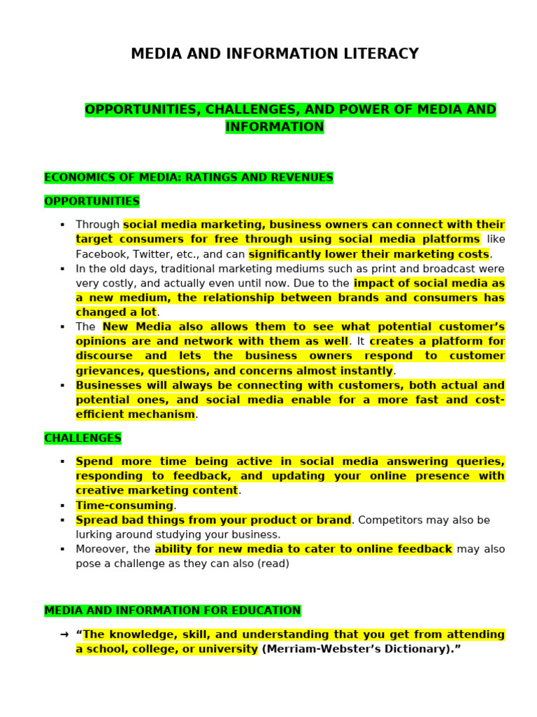 Media and Information Literacy (Opportunities, Challenges, and Power of ...