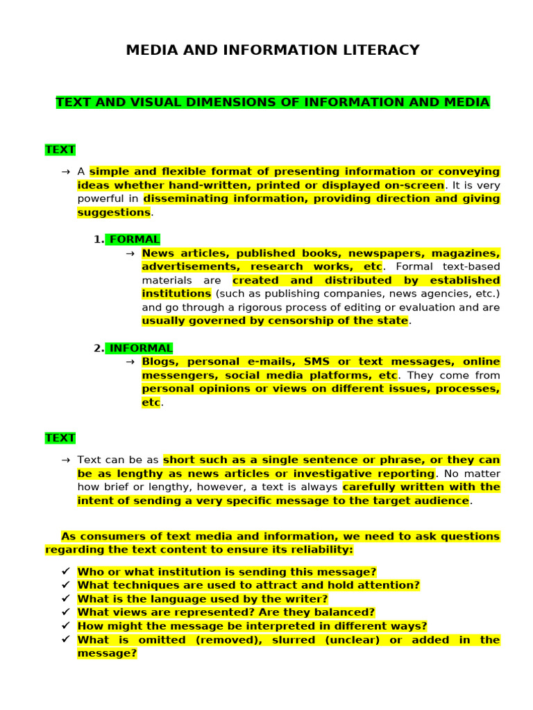 Media and Information Literacy (Text and Visual Dimensions of ...
