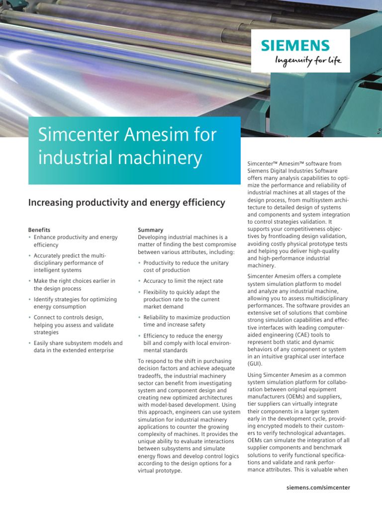 Siemens SW Simcenter Amesim For Industrial Machinery Fact Sheet | PDF