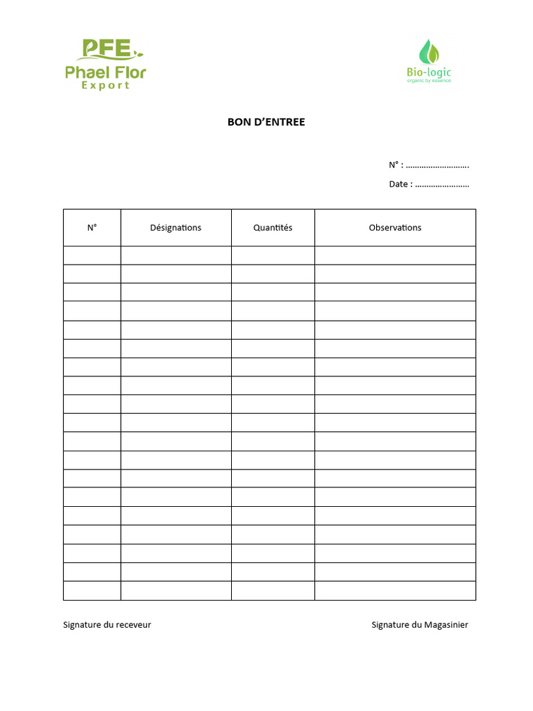 Bon D'Entree: N°: . Date | PDF